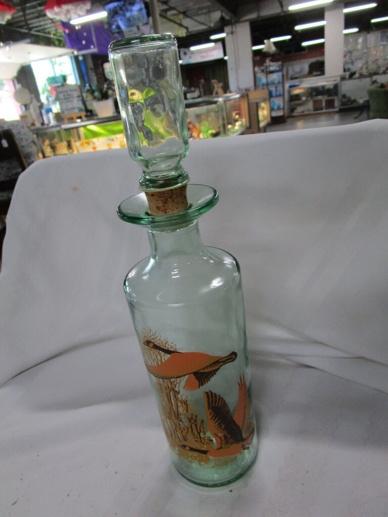 Vintage Old Fitzerald Flying Geese Clear Glass Empty Decanter with Sto ...