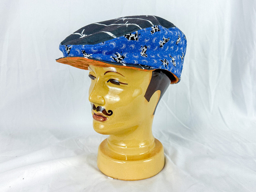 Handmade Flat Cap, Blue Cows & Barbed Wire, Size Large – Standpipe Antiques